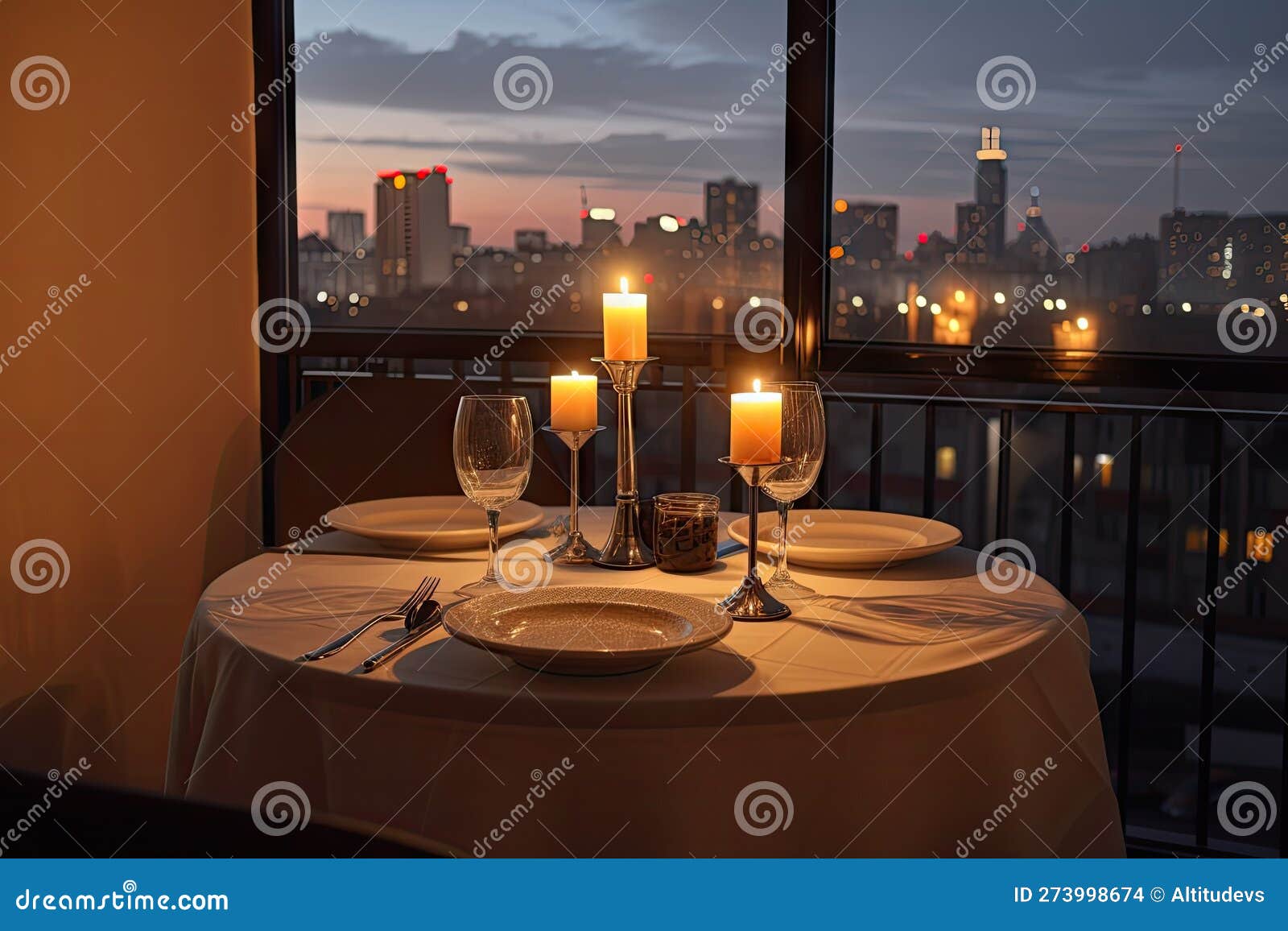 Romantic Dinner for Two, with Candles on the Table and View of the City Skyline Stock Photo ...