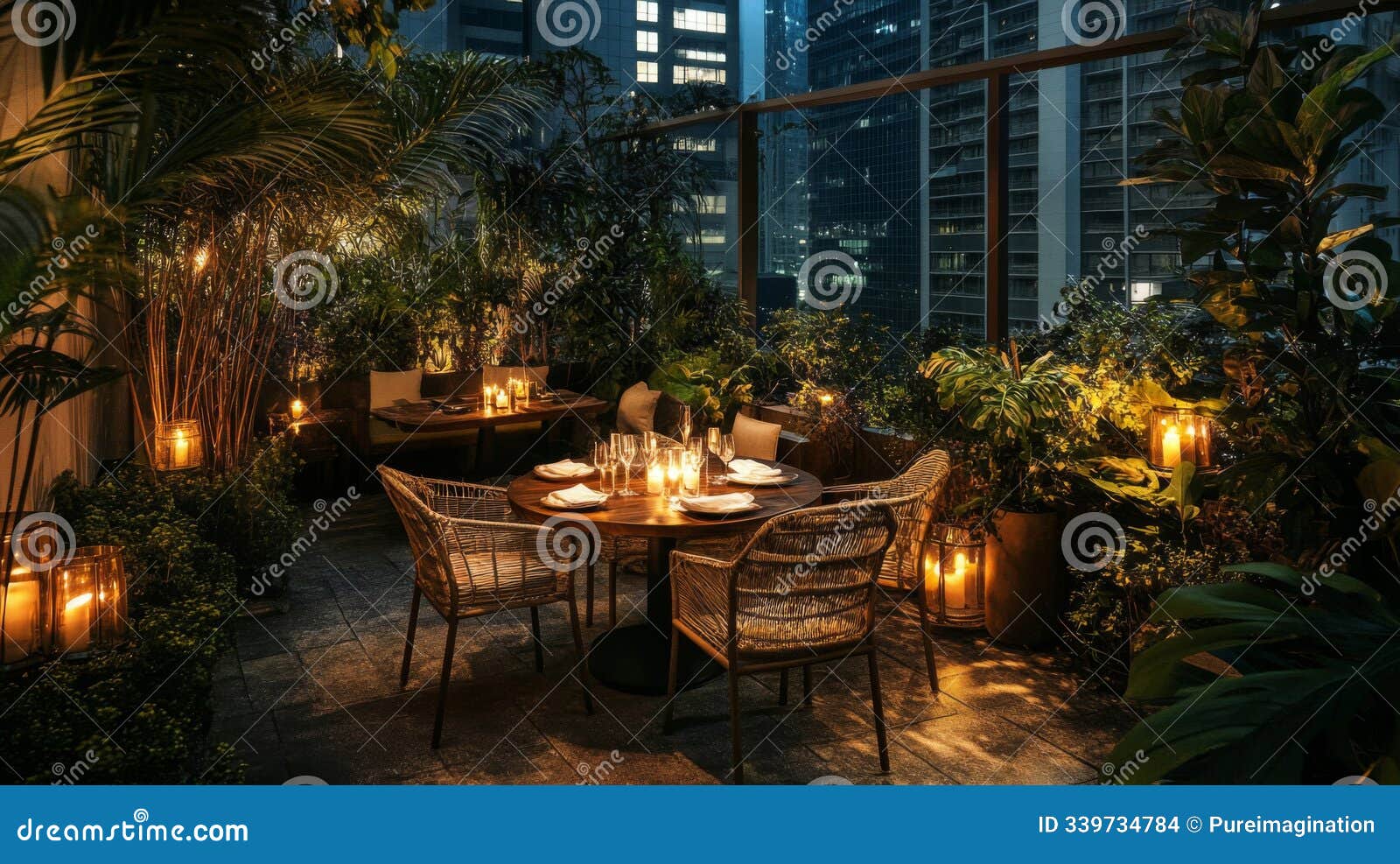 Romantic Dinner for Two on a Rooftop Terrace with City Lights Stock ...