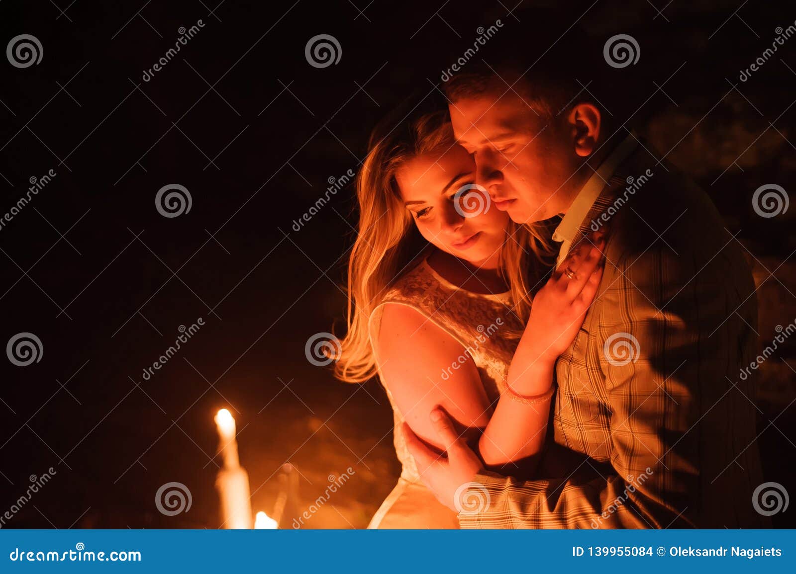 Romantic Dinner of a Young Couple by Candlelight in the Mountain Stock ...
