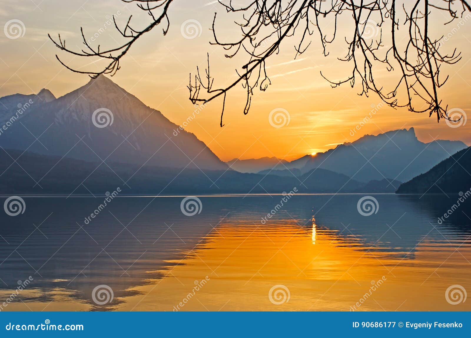 Romantic evening in Alps stock image. Image of snow, reflection - 90686177
