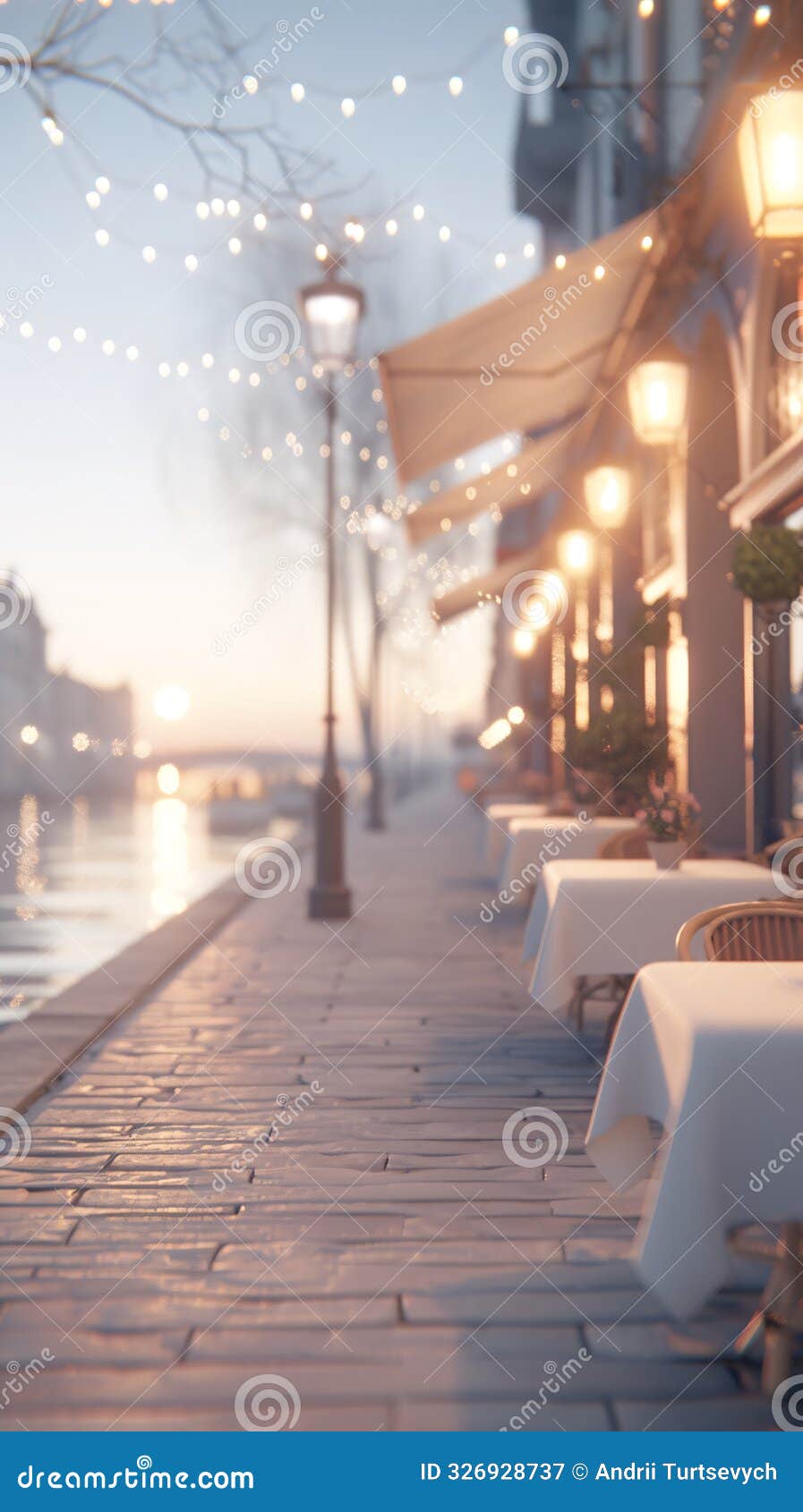 Romantic Evening at Riverside Cafe with String Lights Illuminating the ...