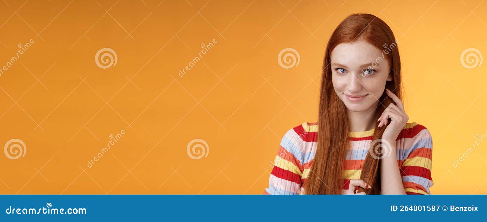 Romantic Flirty Shy Attractive Redhead Girl 20s Touching Hair Strand