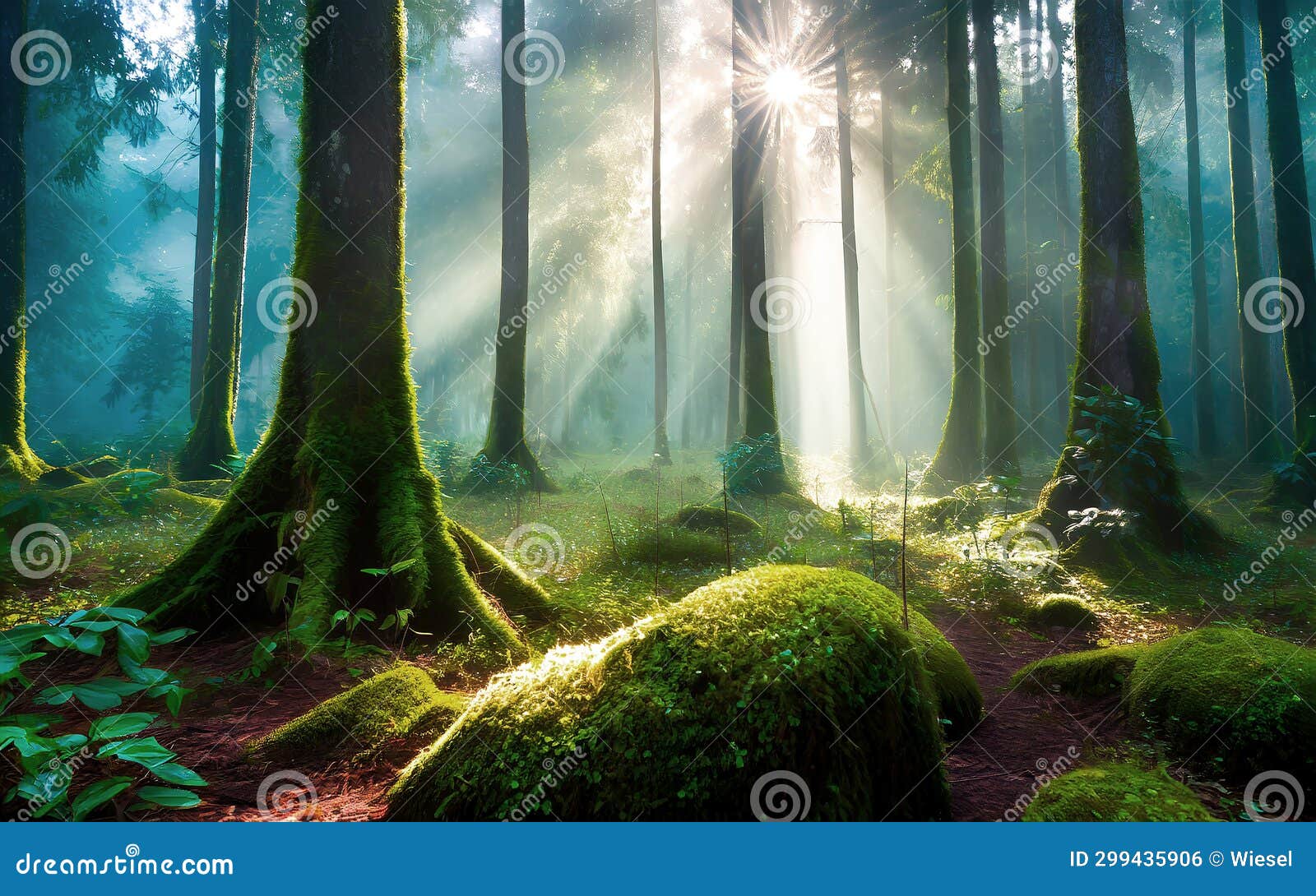 Romantic Forest with Moss in Backlight Stock Illustration ...
