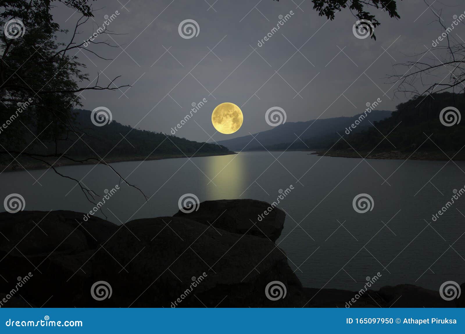 Romantic Full Moon Over the River in the Evening Stock Photo - Image of ...