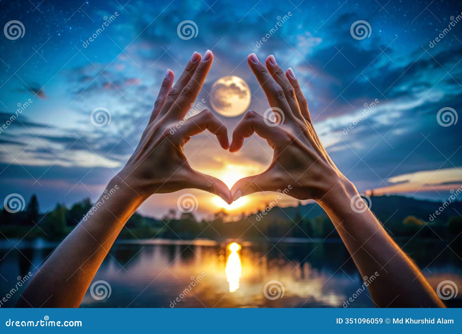 Romantic Gesture of Heart Hands Framing a Luminous Full Moon and Its ...