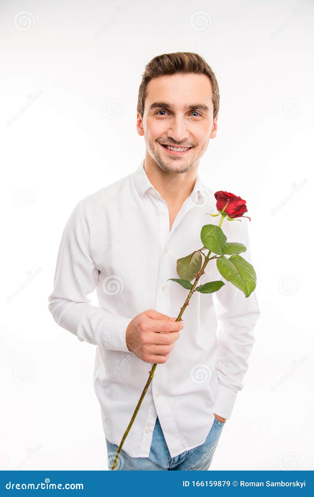 Romantic Handsome Man Gives a Red Rose Stock Image - Image of confident ...