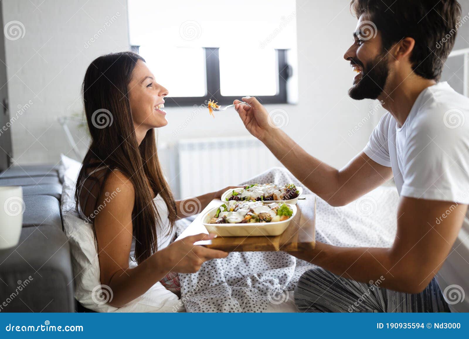 Romantic Happy Couple Having Breakfast in Bed Stock Photo - Image of ...
