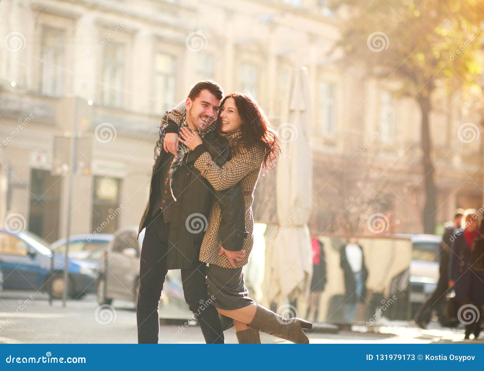 Romantic Happy Young Couple In Love In Tourist City Having Fun Stock
