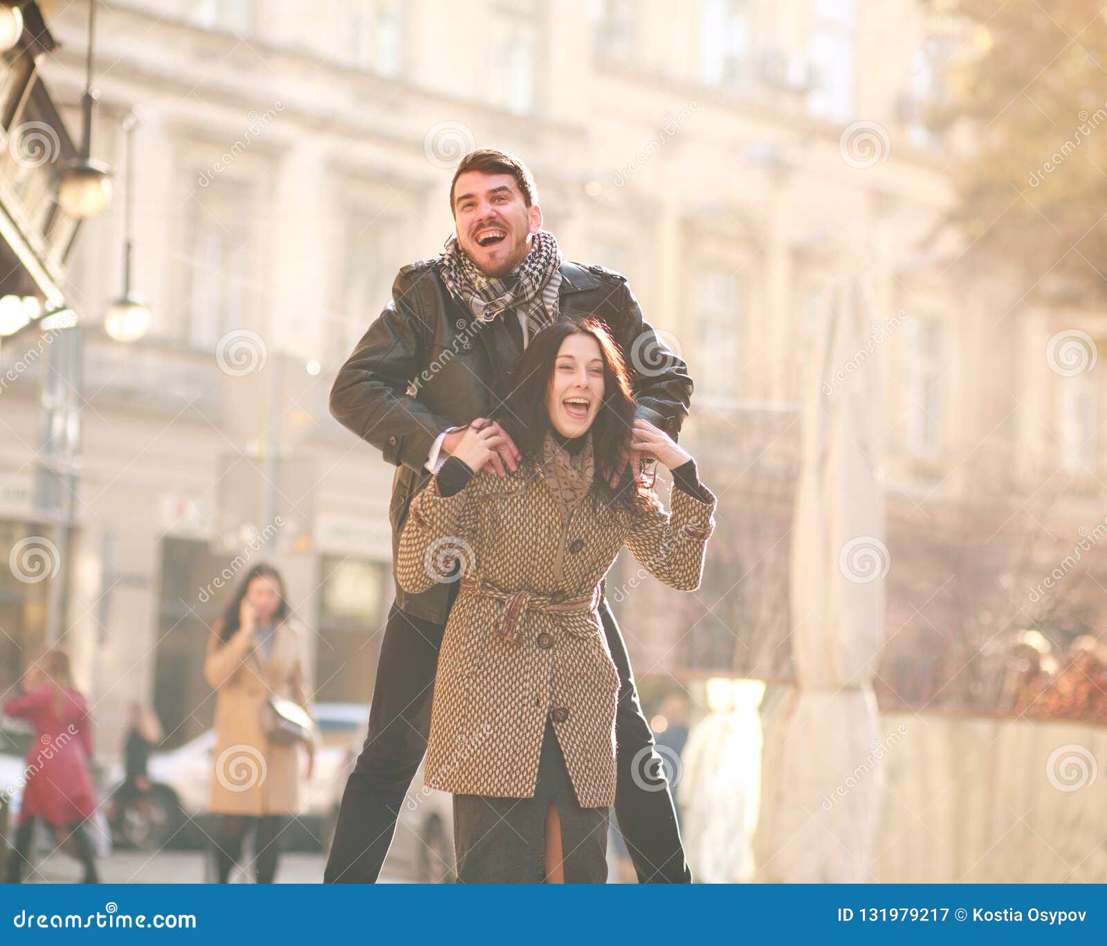 Romantic Happy Young Couple In Love In Tourist City Having Fun Stock