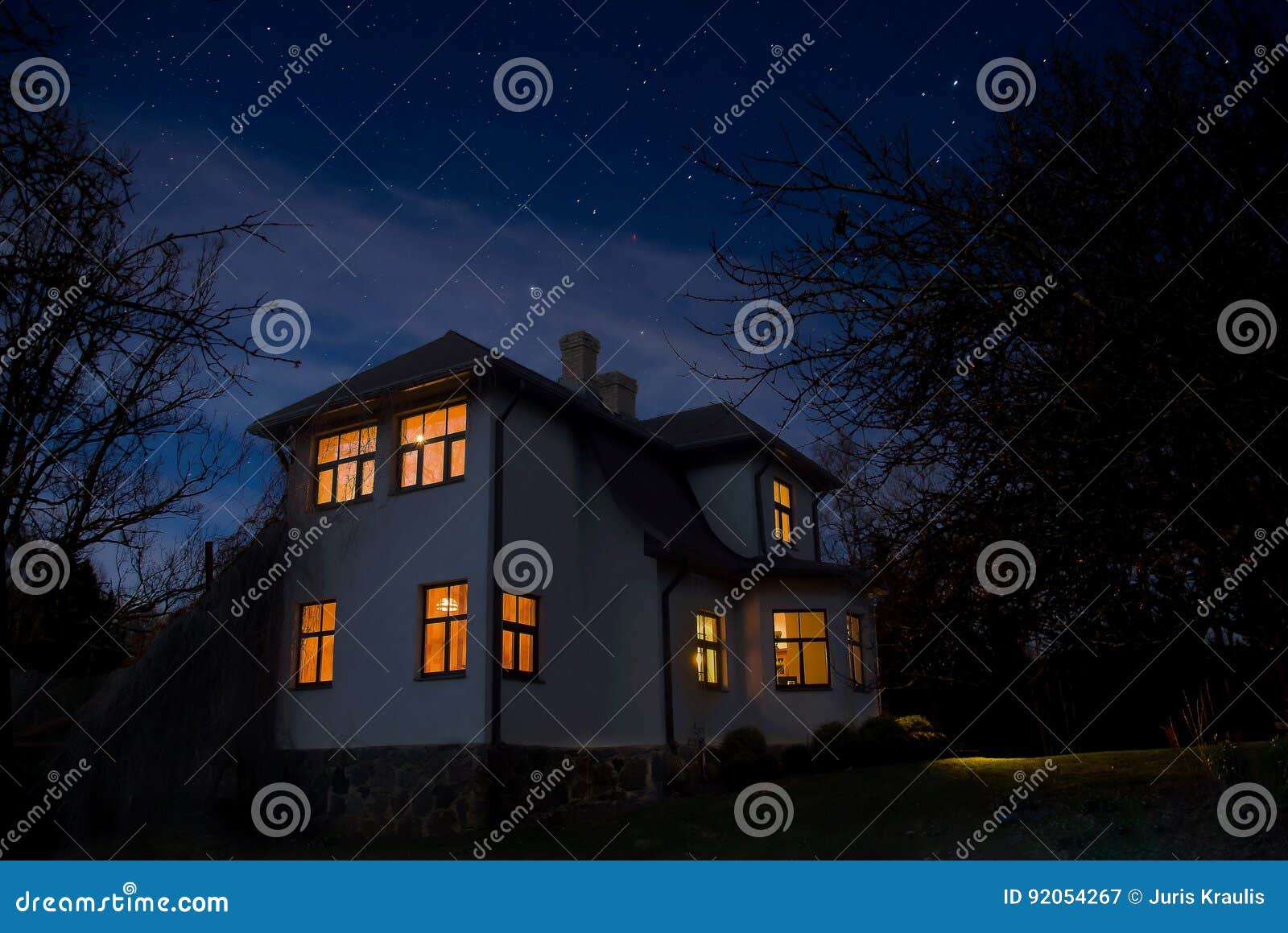 Romantic House with a Light in the Window. Night Landscape in Summer ...