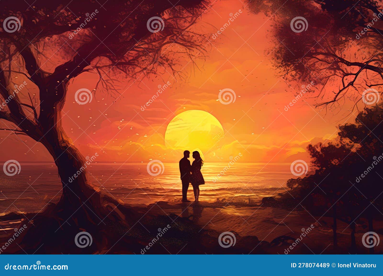 Romantic Illustration with Couple Watching the Sunset Surrounded by ...