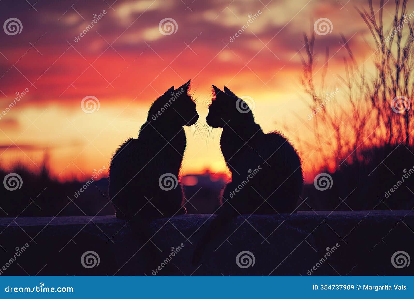 Romantic Image Silhouette Pair of Black Cats Sitting on a Stone Wall ...