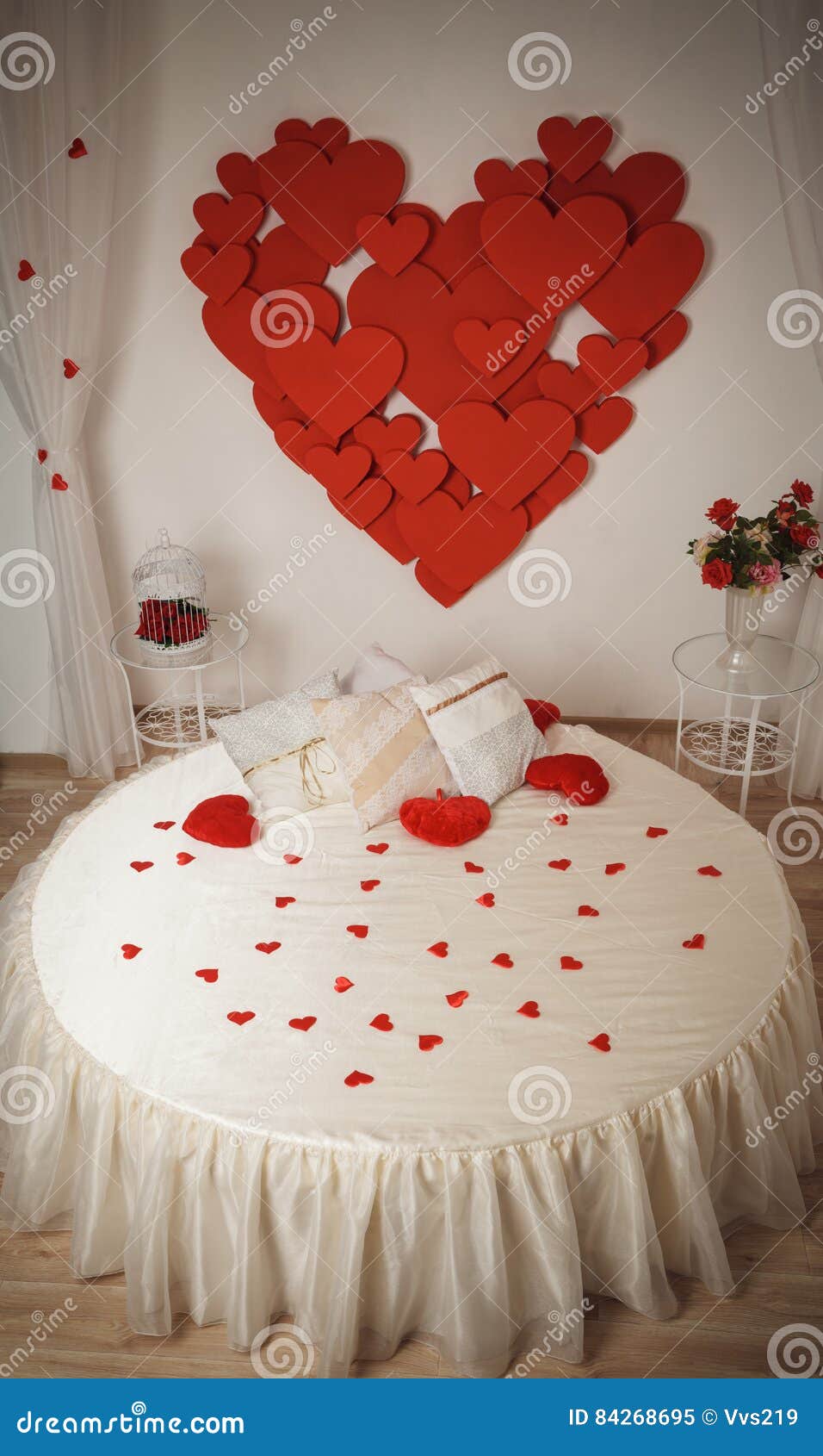 Romantic Interior with Round Bed and Hearts on the Wall. Stock Image ...