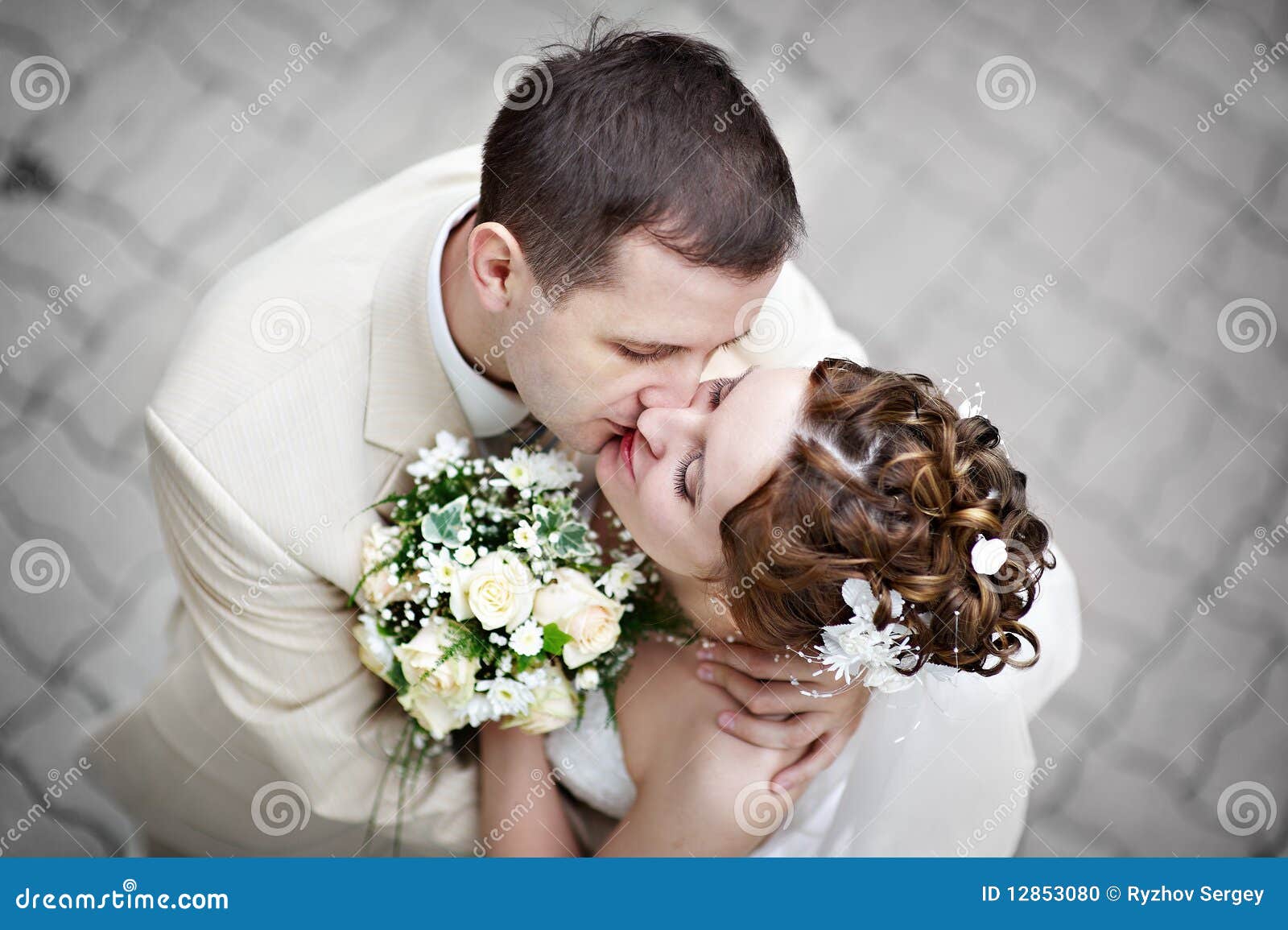 Romantic Kiss Bride and Groom at Wedding Walk Stock Photo - Image of ...