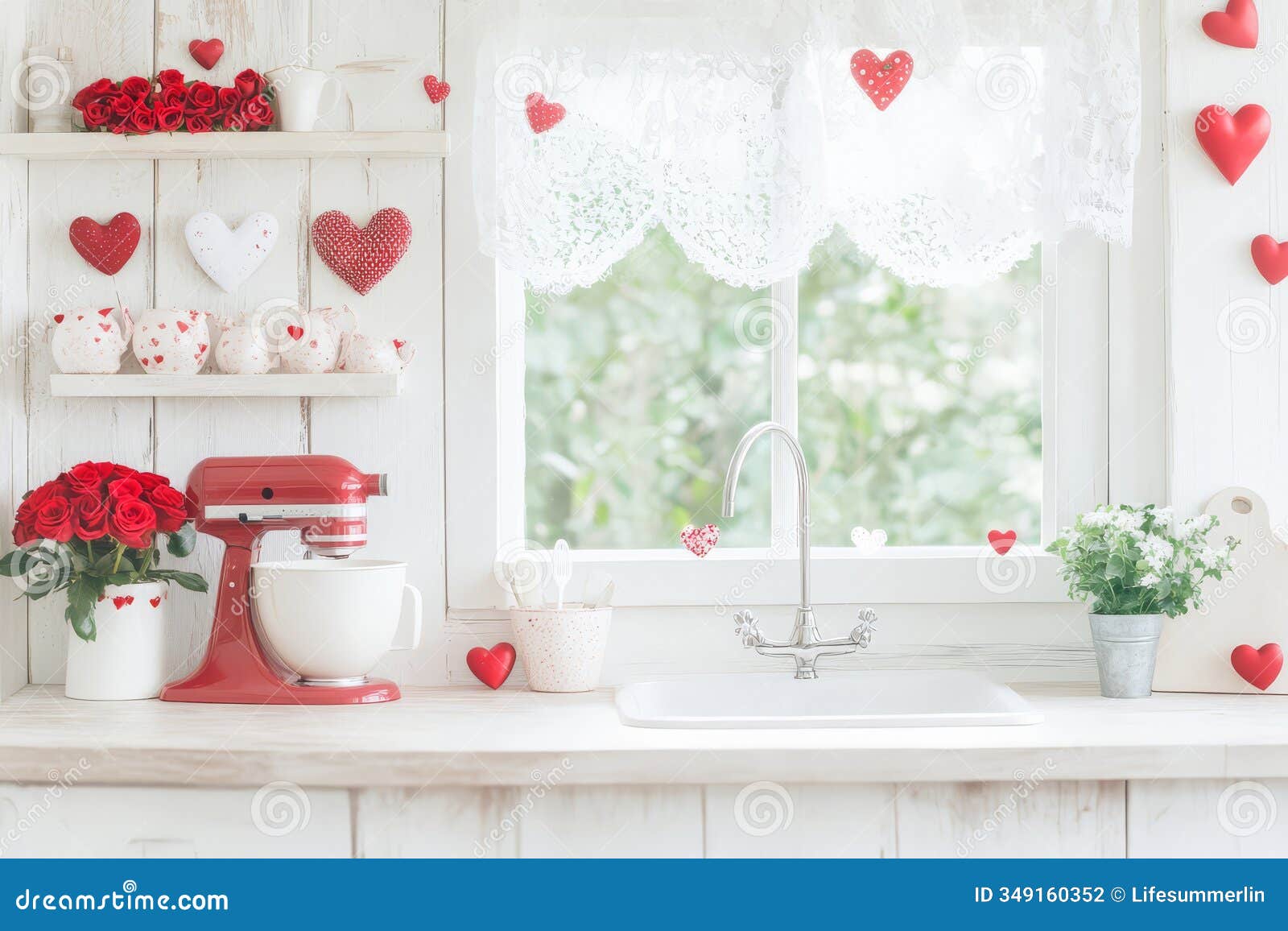 Romantic Kitchen Interior with Red Roses and Heart Decorations Stock ...