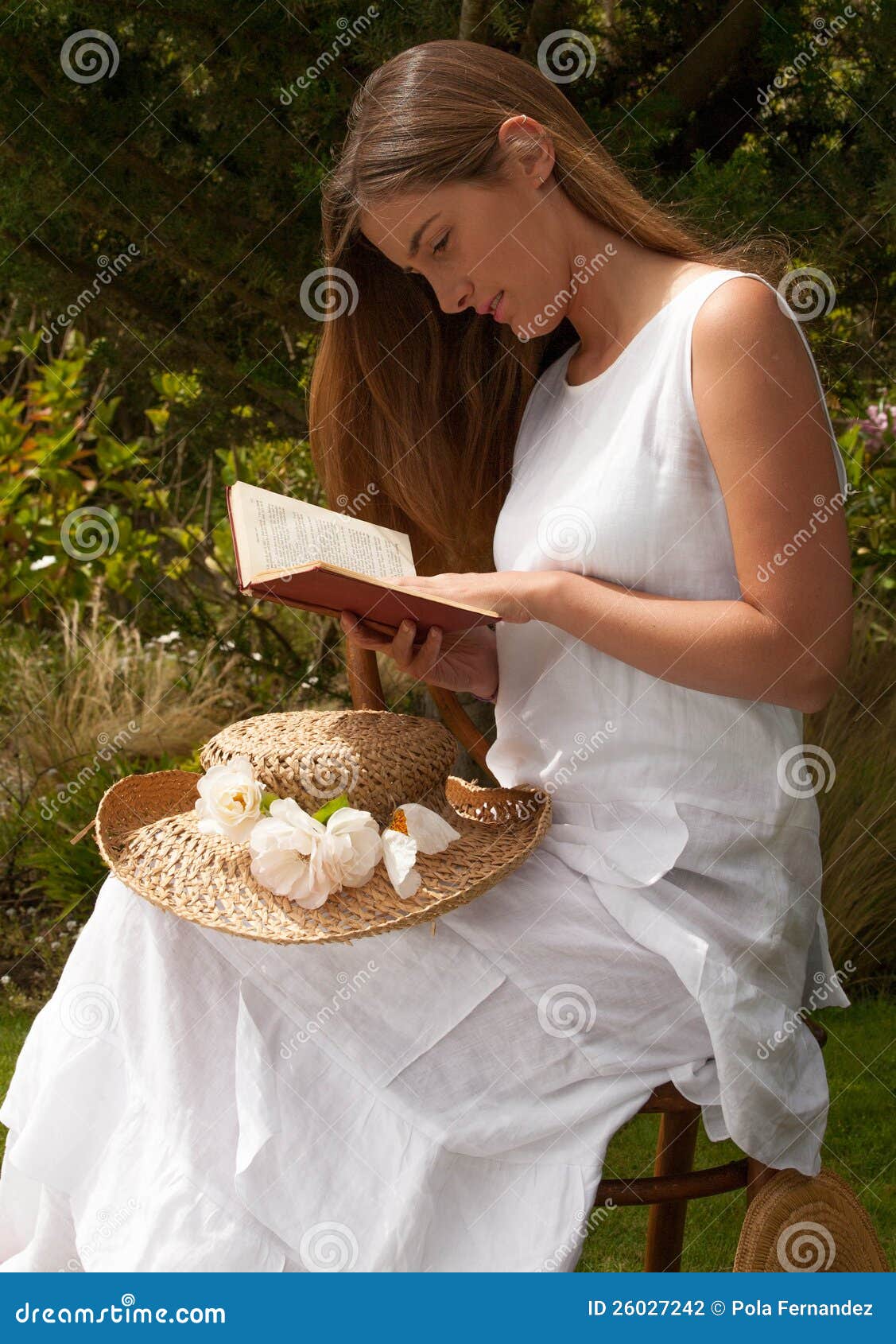 Romantic Lady Reading a Book Sitting Stock Photo - Image of flower ...