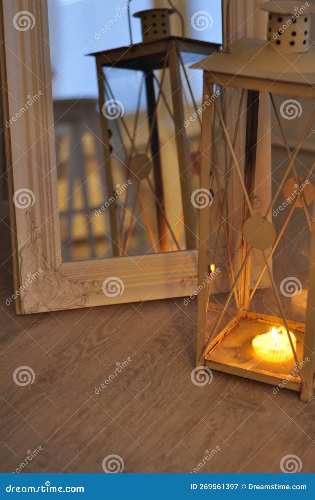 Romantic Lantern Reflection. Decorative Mirror Frame. Relaxing ...
