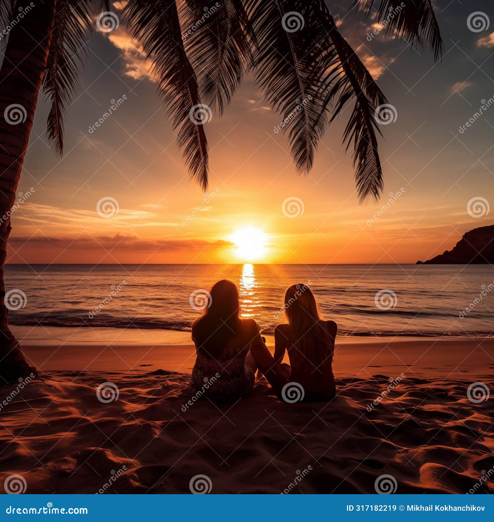 Romantic Lesbian Couple On Beach At Sunset Stock Illustration