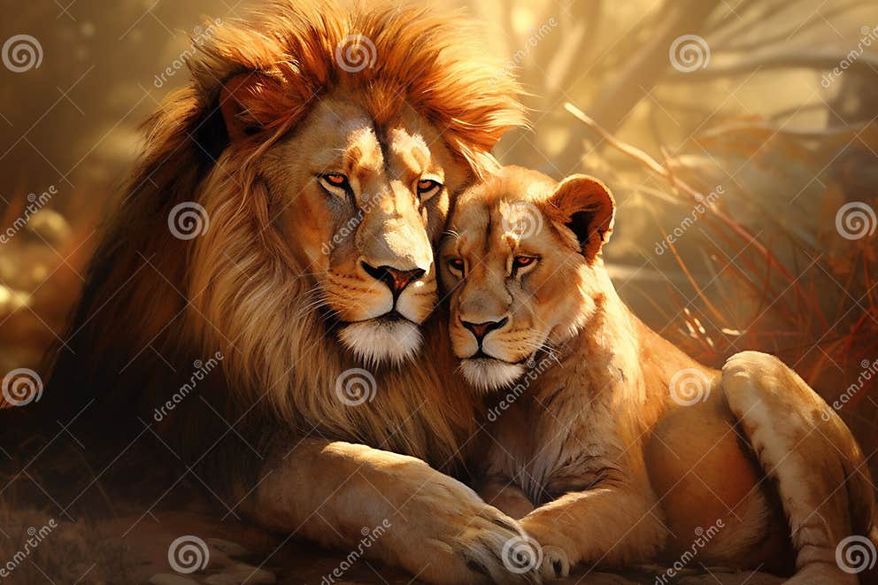 Romantic Lions in Affectionate Embrace. Generative AI Stock Image ...