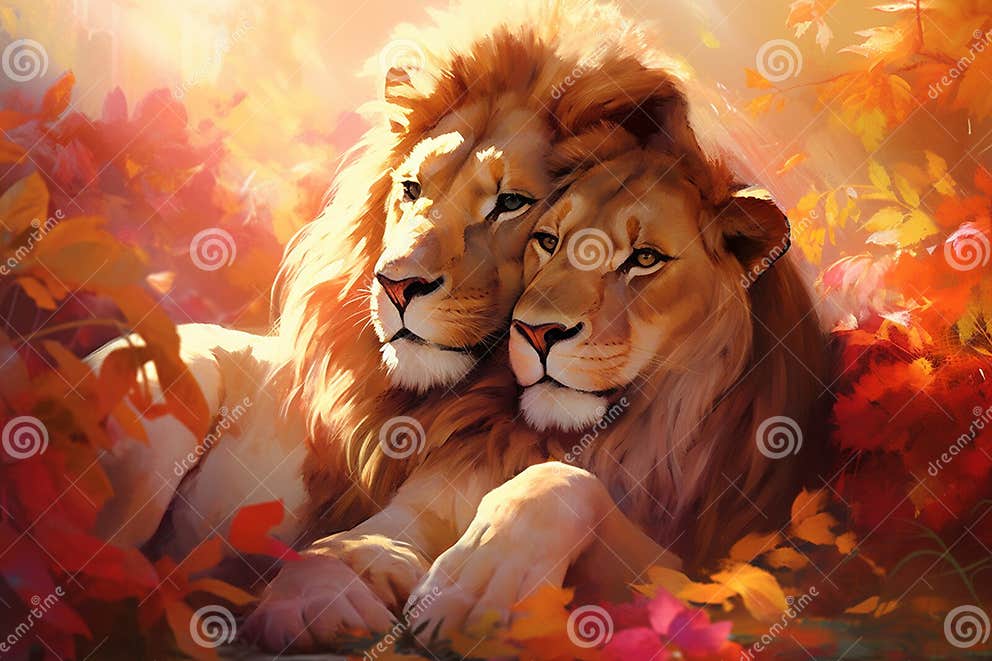 Romantic Lions in Affectionate Embrace. Generative AI Stock ...