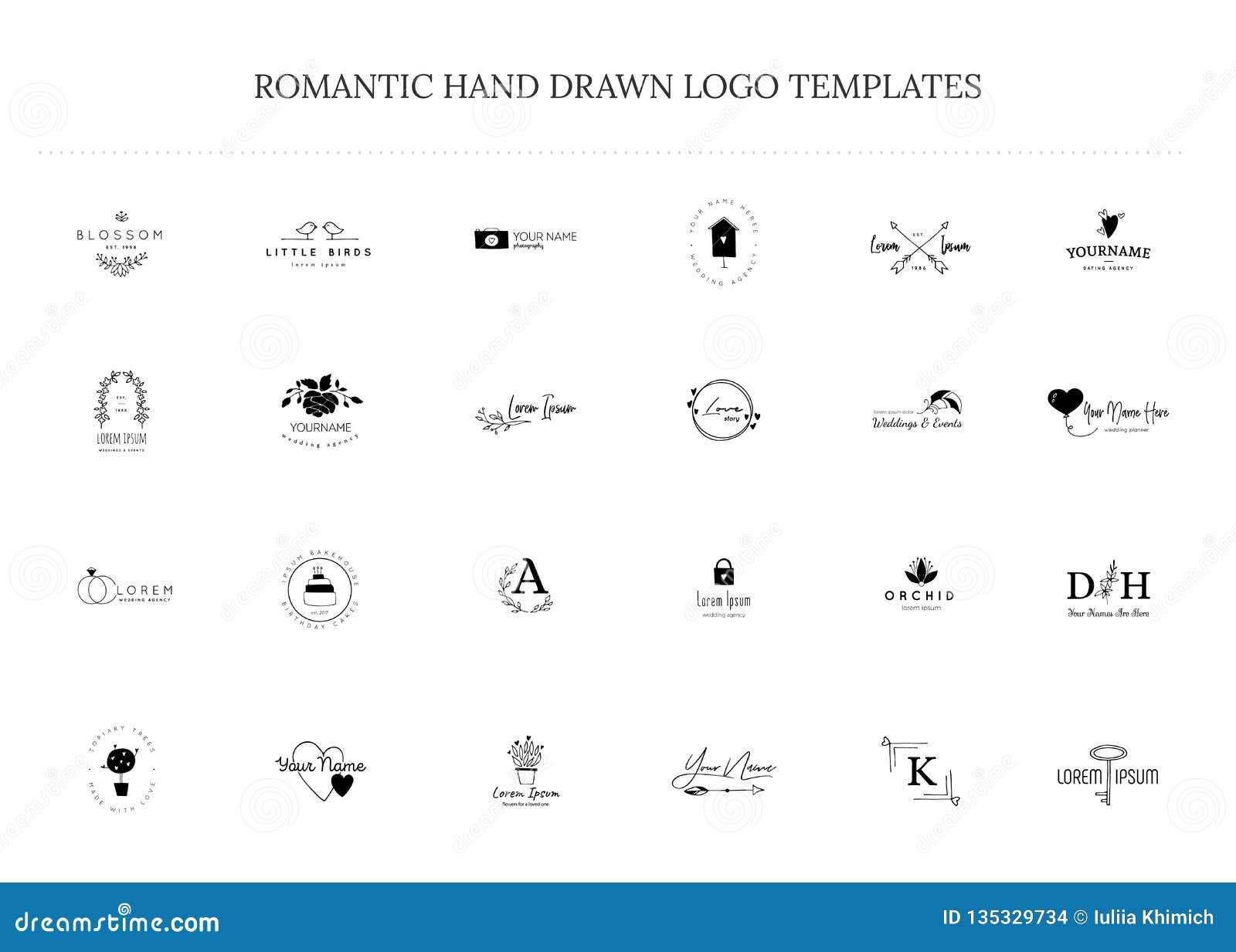 Romantic Logo Templates Set. Vector Hand Drawn Objects. Stock Vector ...