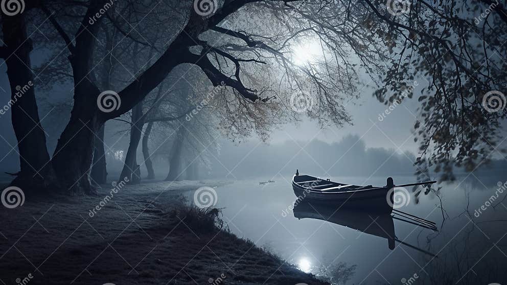 Romantic Moonlit Riverfront Cold Fog AI Generative Image Stock ...