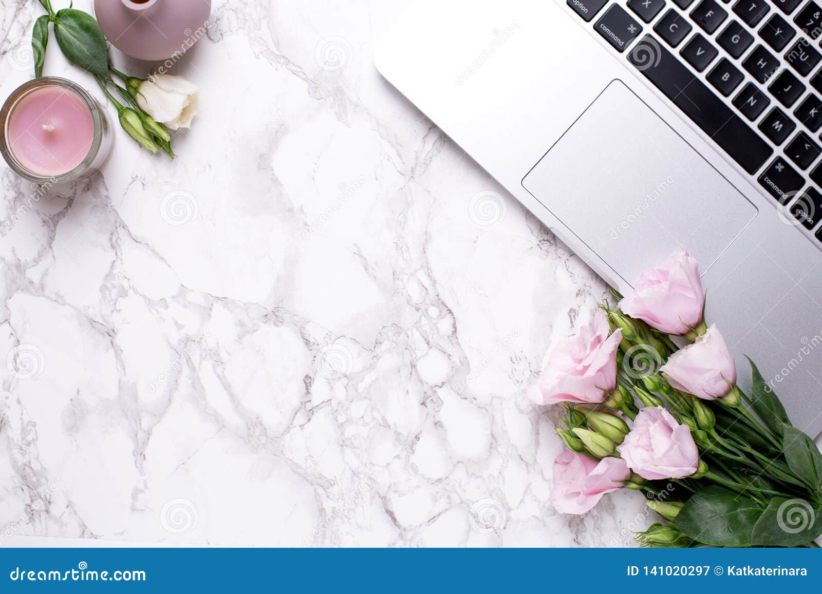 Romantic Office Background with Flowers, Candle and Keyboard on a ...