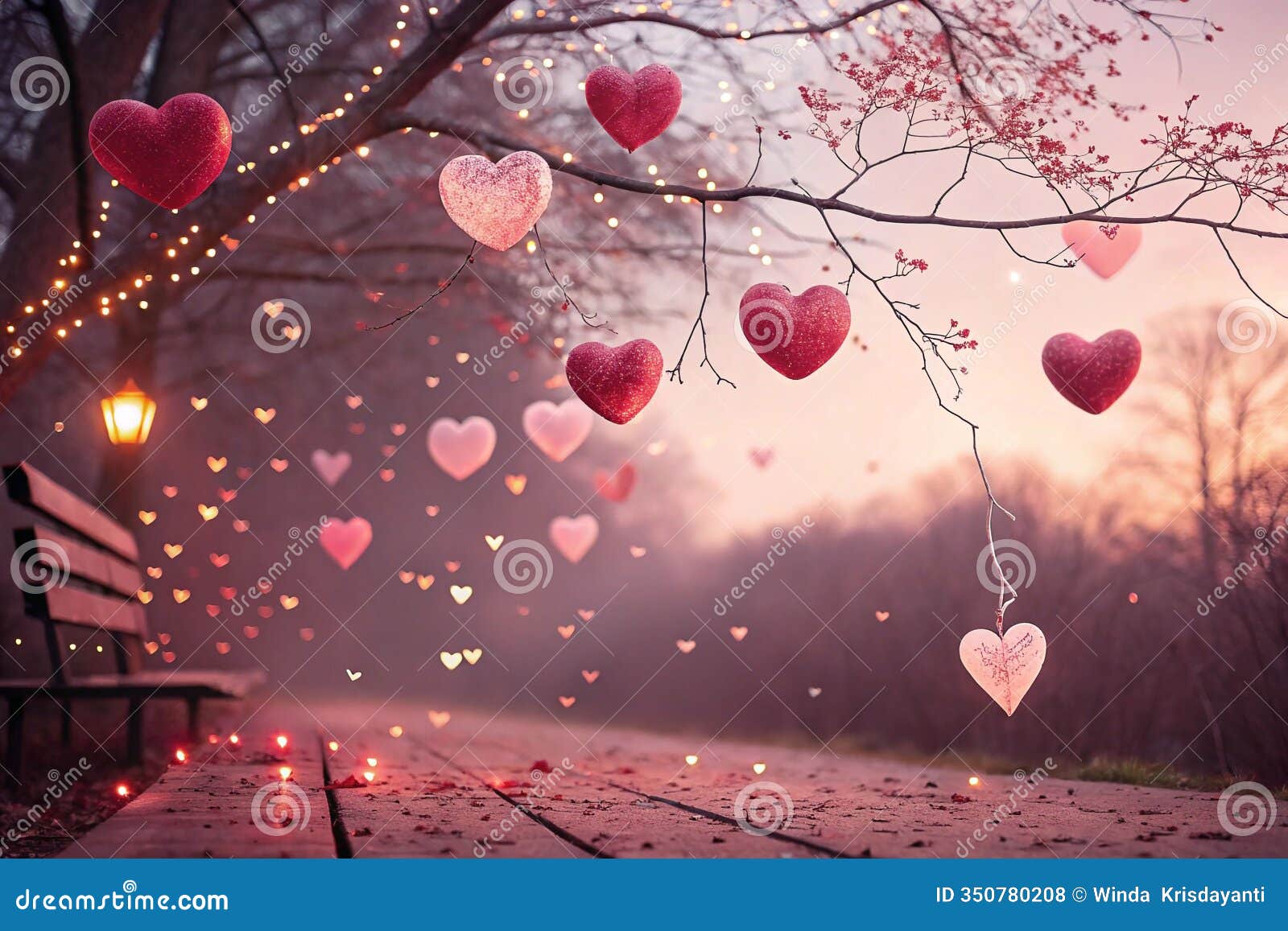 Romantic Park Bench Scene with Hearts, Lights, and a Dreamy Sunset ...