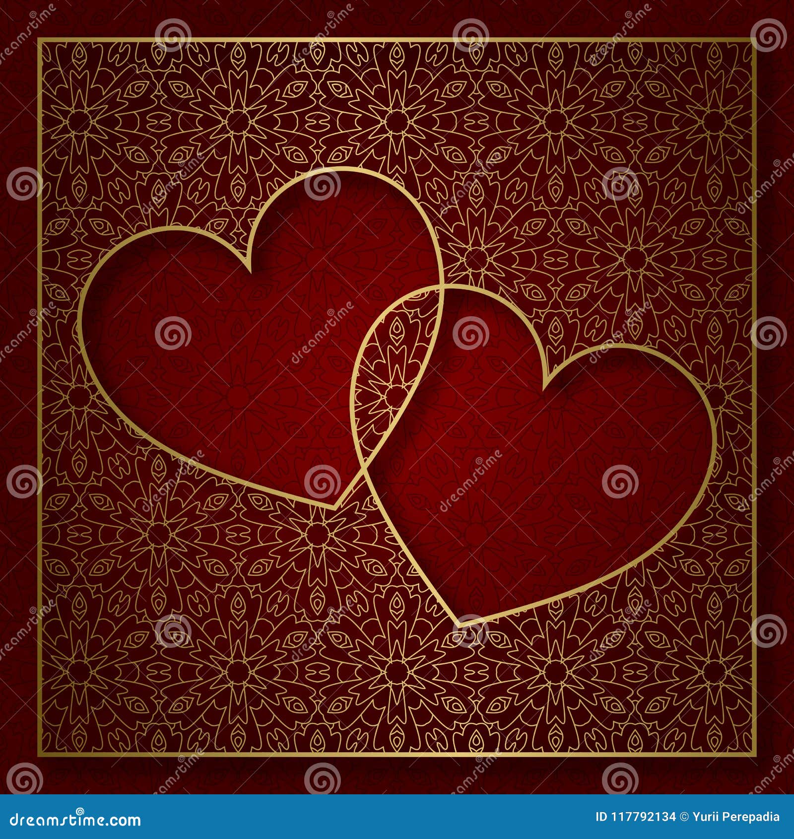 Romantic Patterned Background with Frame of Two Hearts Stock Vector ...