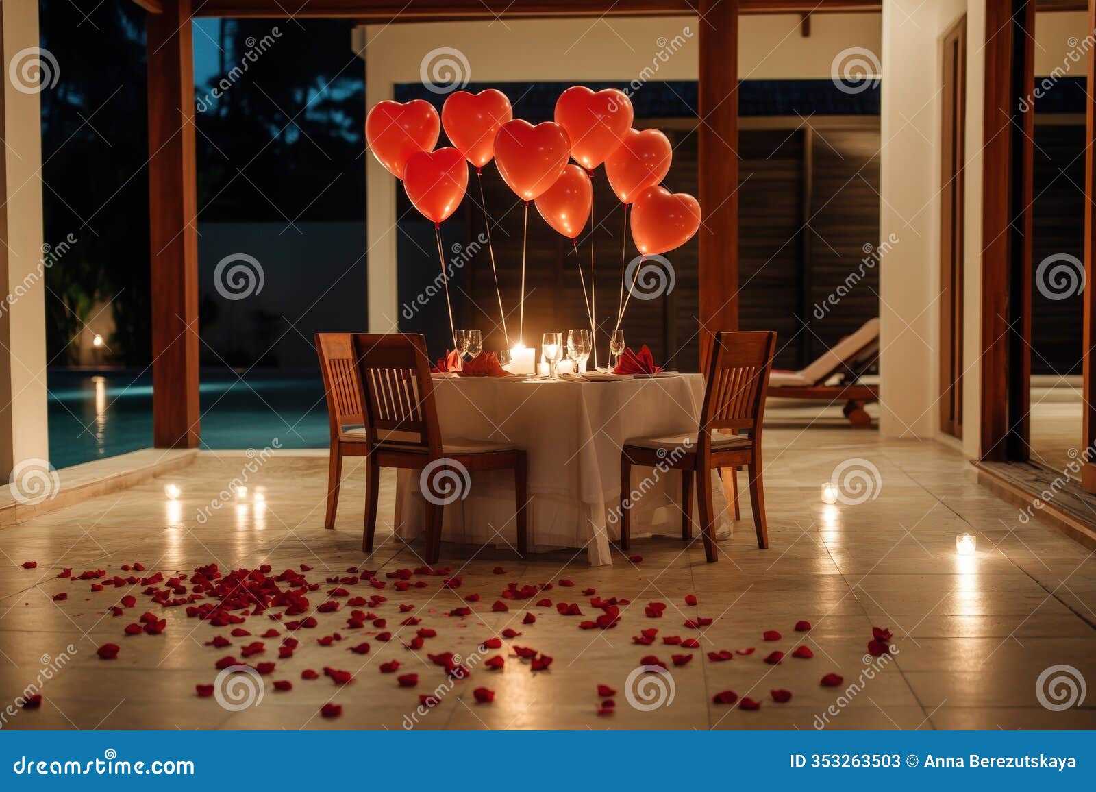 Romantic Poolside Dinner Setup with Heart Balloons and Candlelight ...