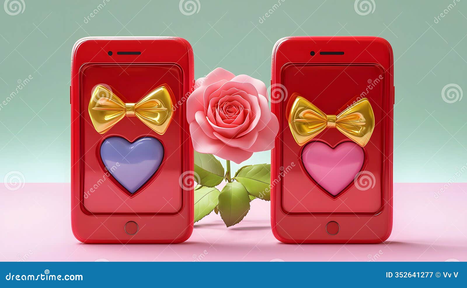 Romantic Red Phones with Heart Designs and Rose Stock Illustration ...