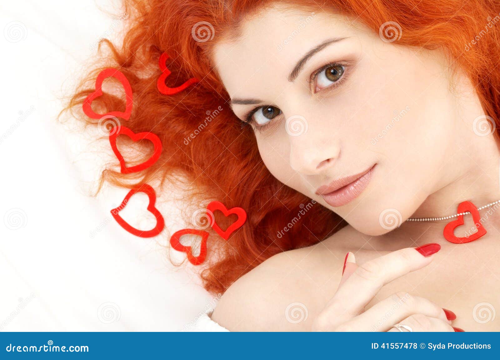 Romantic Redhead with Read Hearts Stock Photo - Image of happiness ...