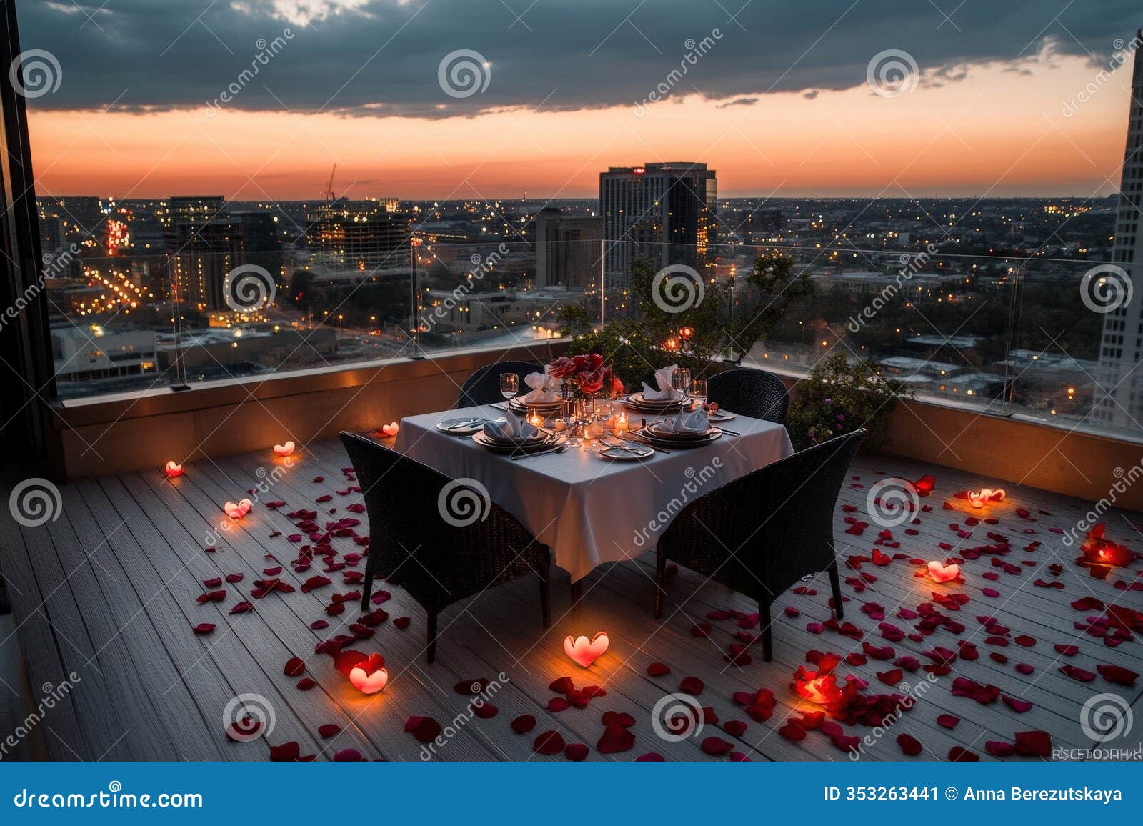 Romantic Rooftop Dinner Setup With City Skyline At Sunset Stock Image ...