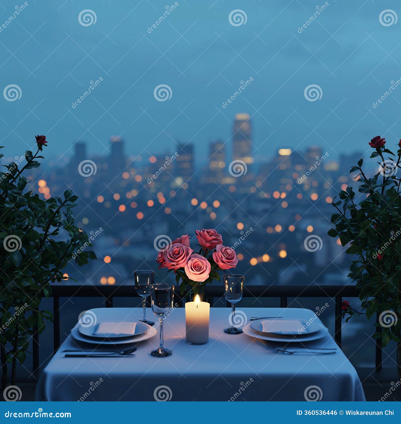 Romantic Rooftop Dinner for Two with City Lights and Roses AI Generated ...