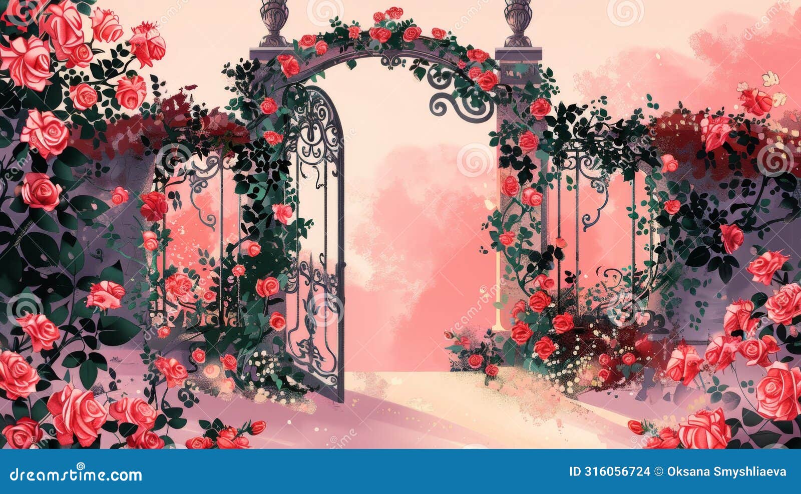 Romantic Rose Garden Gate at Sunset Illustration Stock Photo - Image of ...
