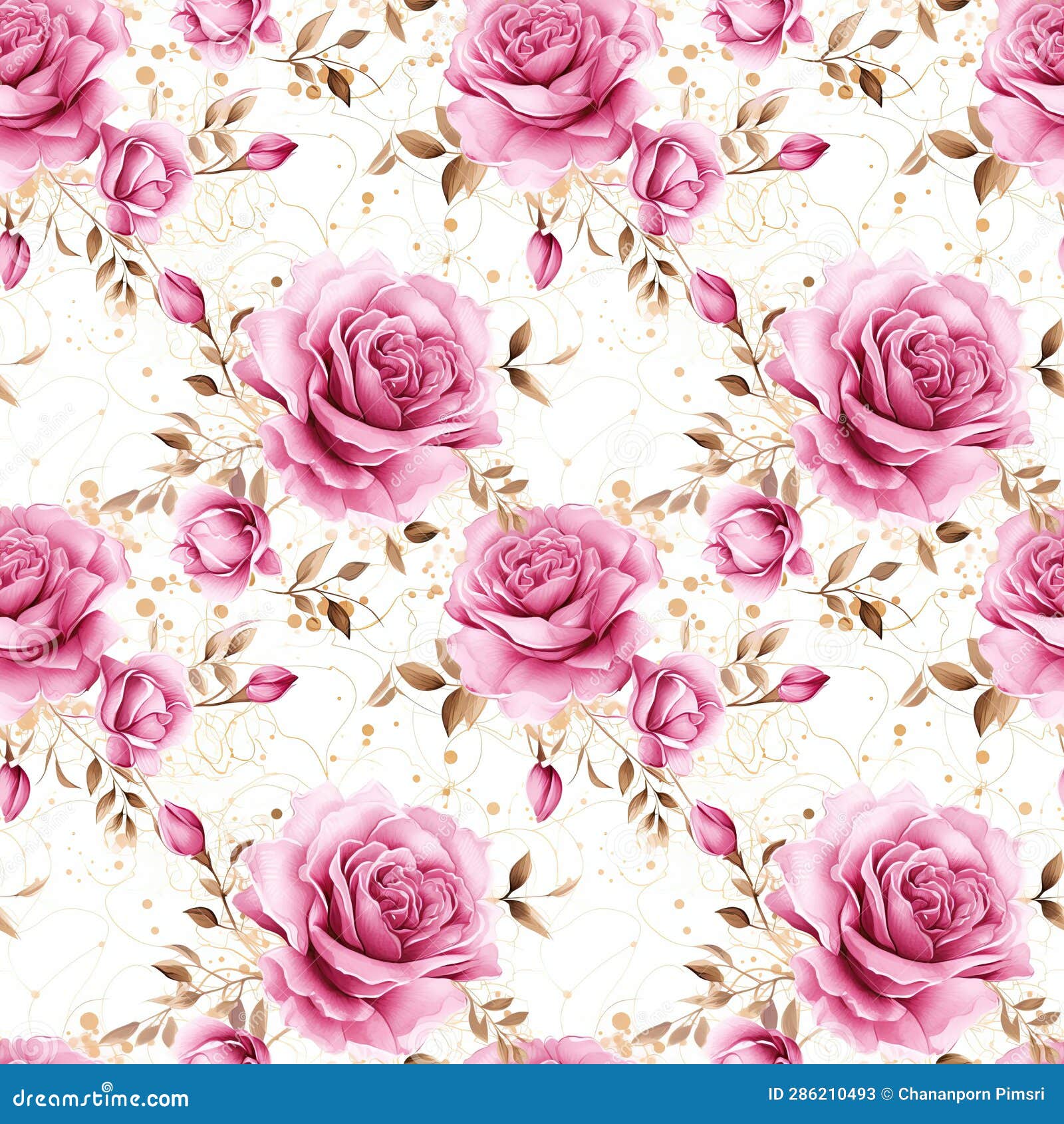 Romantic Rose Pattern: Delicate Pink Rose and Gold Watercolor Stock ...