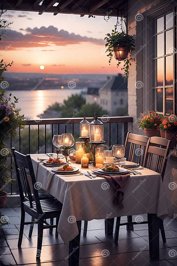 A Romantic Scene Dinner, a Table Set for Dinner with a View of the ...
