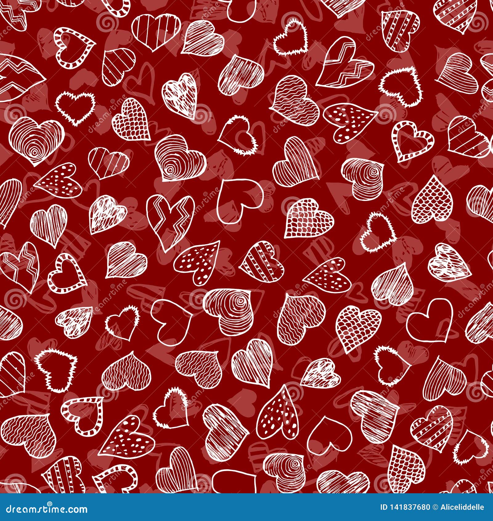 Romantic Seamless Pattern with Hand Drawn Doodle Hearts. Valentines Day ...