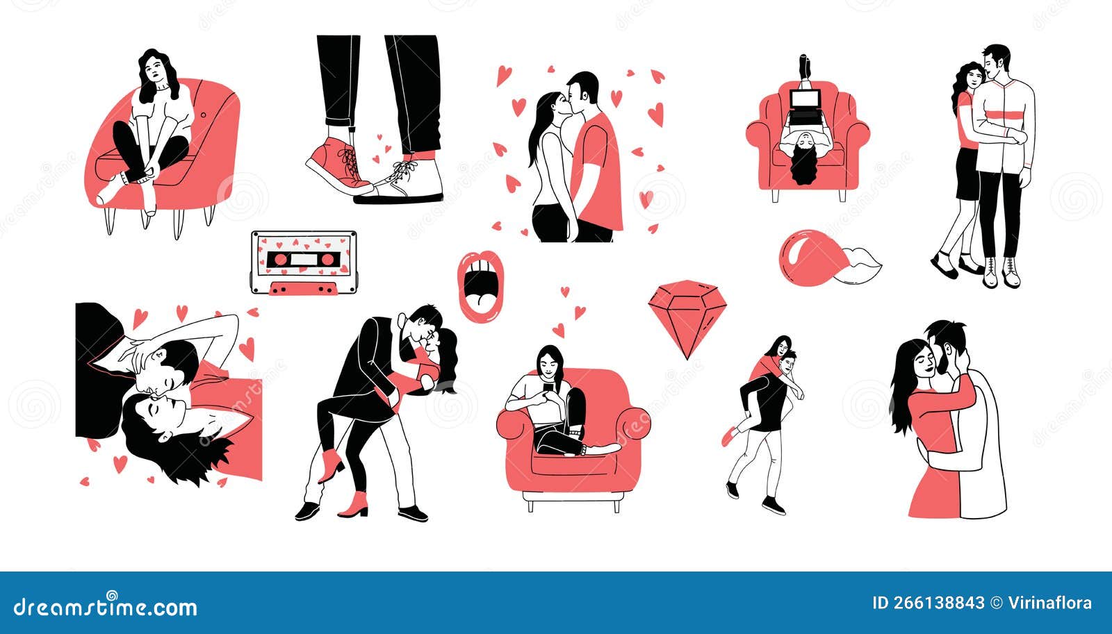 Romantic Set Of Illustrations With Man And Woman Love Love Story
