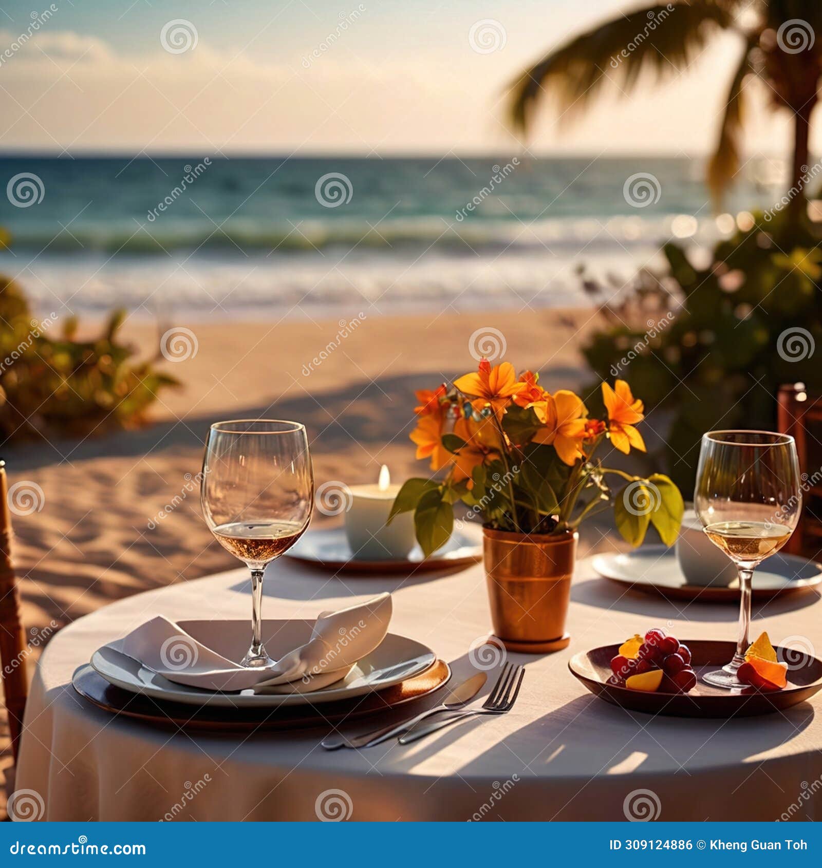 Romantic Set Table for Two Dinner at Sunset on Tropical Beach Stock ...