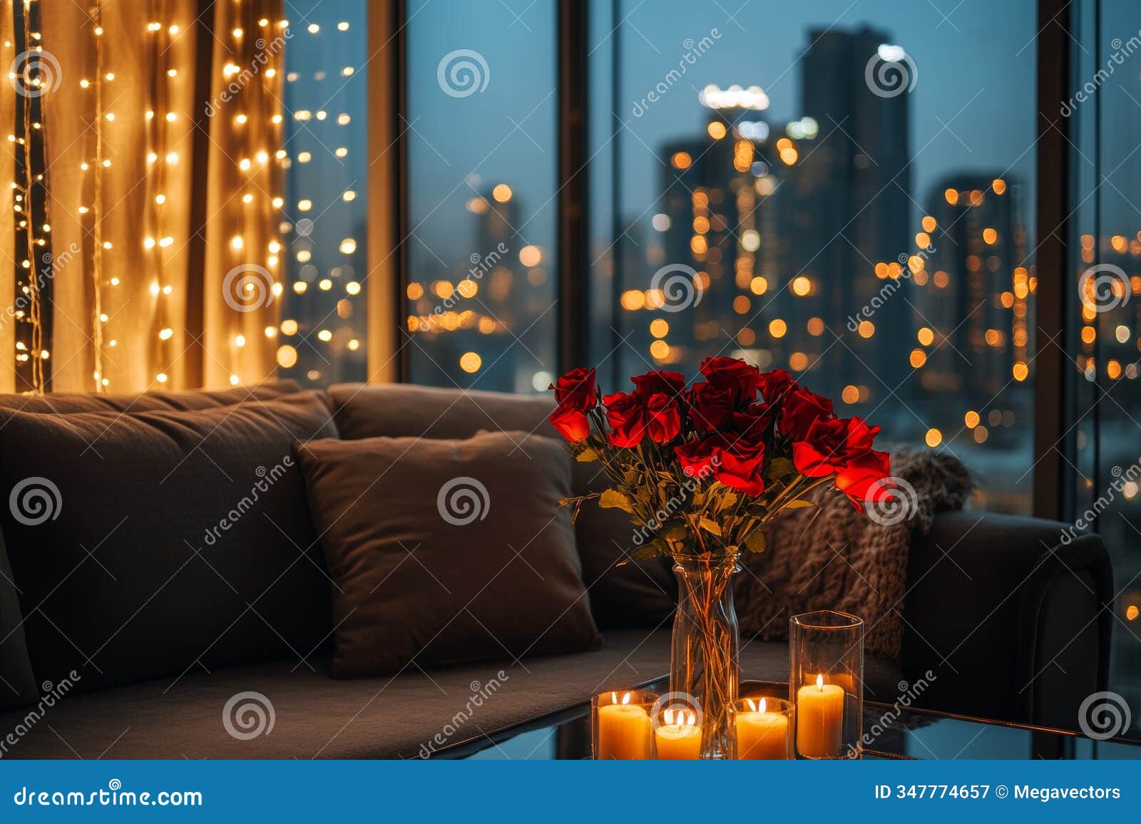 Romantic Setup Featuring Candles and Roses on a Coffee Table, Creating ...