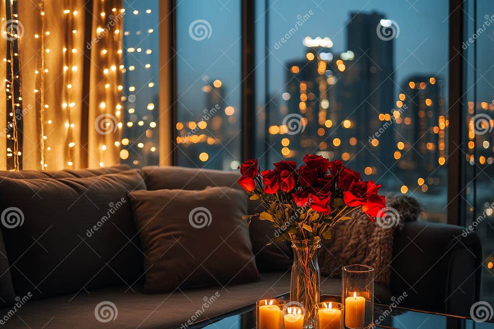 Romantic Setup Featuring Candles and Roses on a Coffee Table, Creating ...