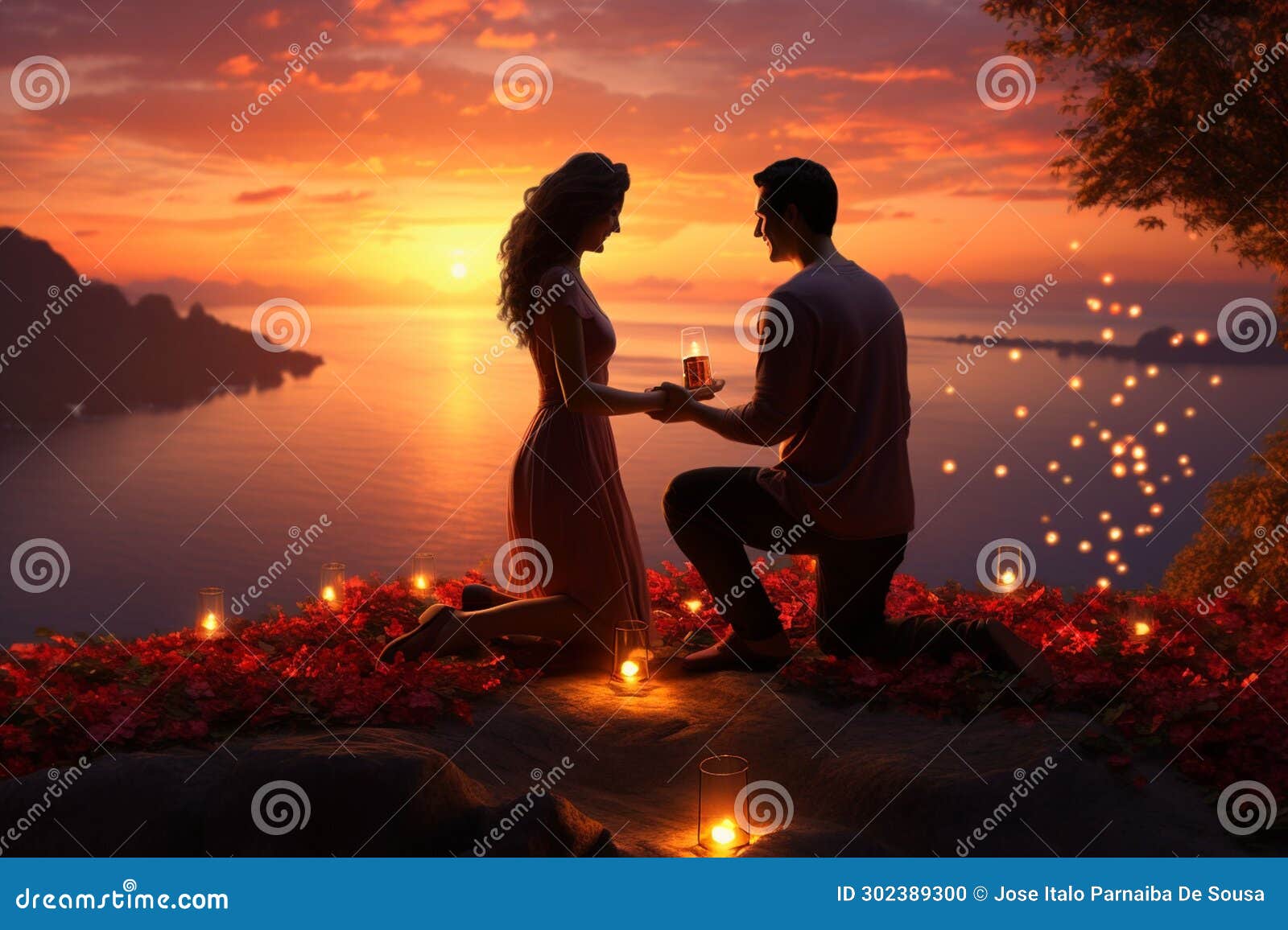 Romantic Sunset Proposal Scenes in Scenic Stock Illustration ...