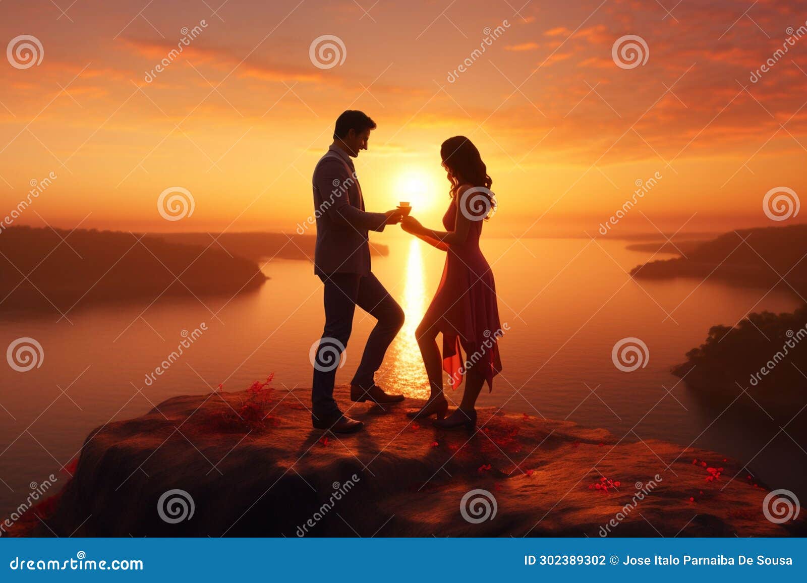 Romantic Sunset Proposal Scenes in Scenic Stock Illustration ...
