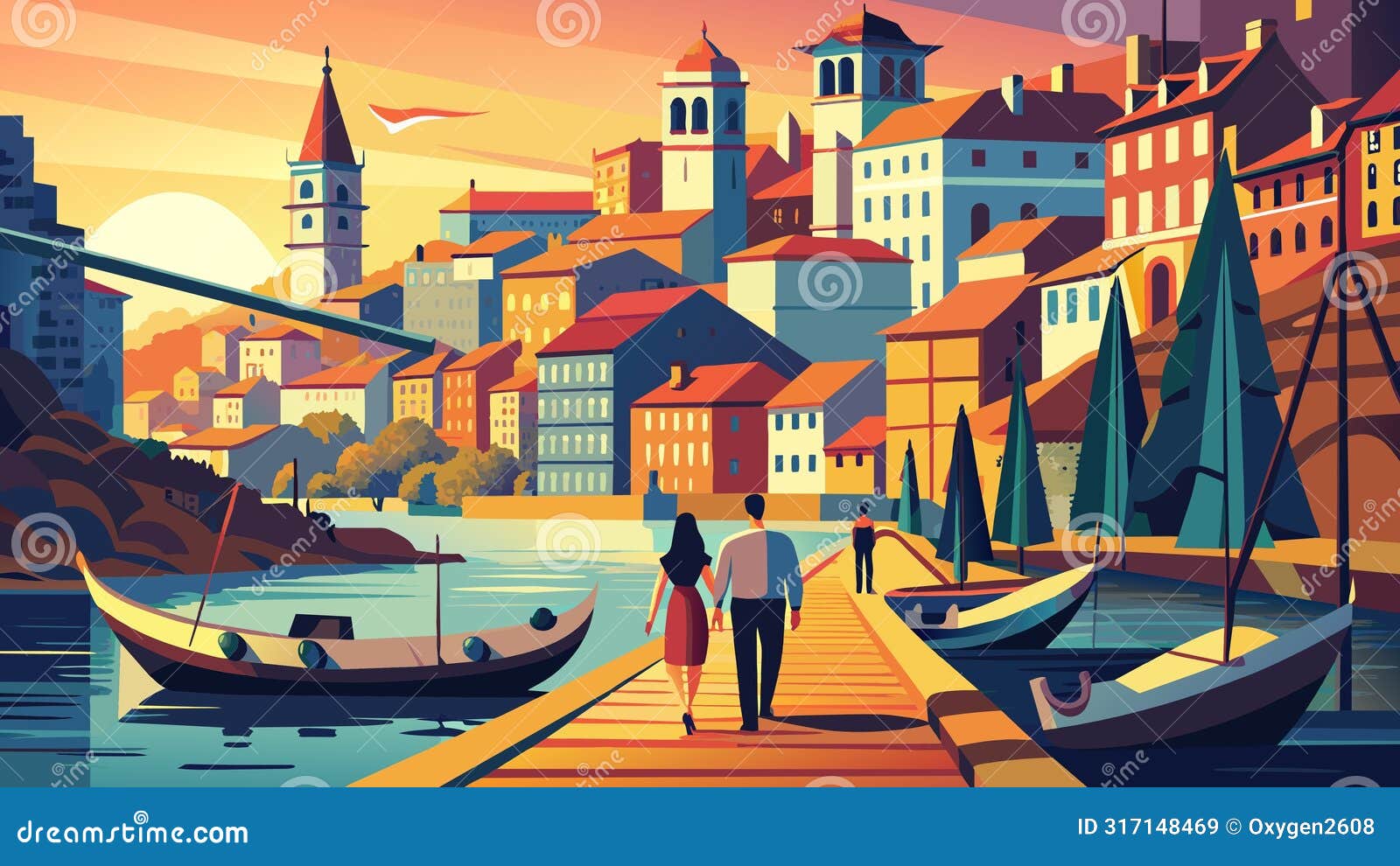 Romantic Sunset Stroll by the Historic City Riverfront Stock Image ...