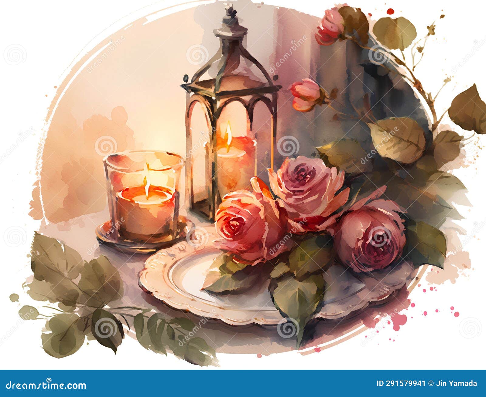 Romantic Table Setting with Candles and Roses, Watercolor Illustration ...