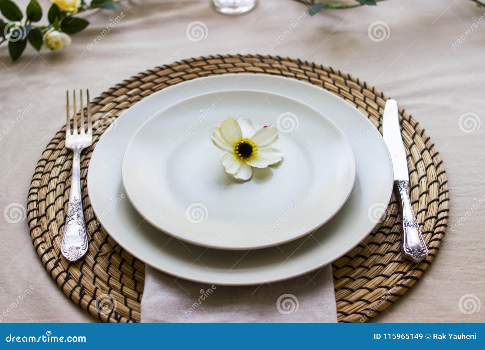 Romantic Table Setting for Two with a Flowers. Shallow Depth of Field ...