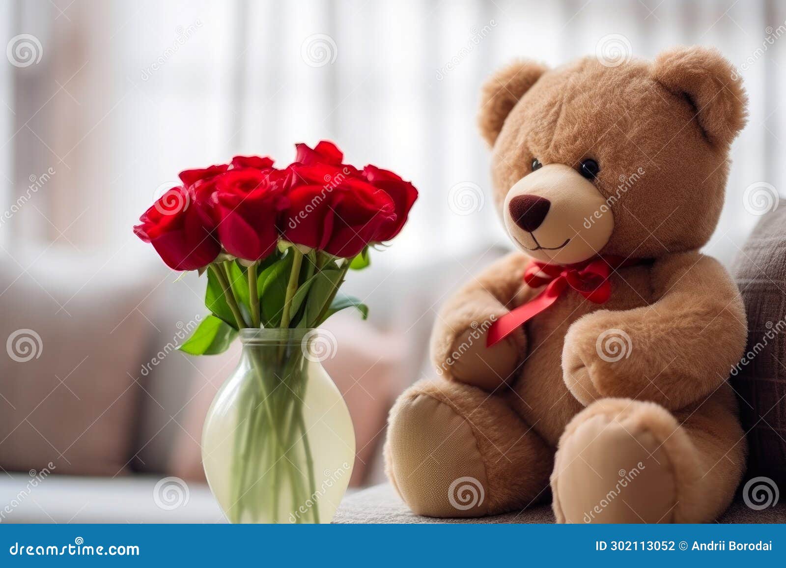 Romantic Teddy Bear with Bouquet in Living Room. Stock Illustration ...