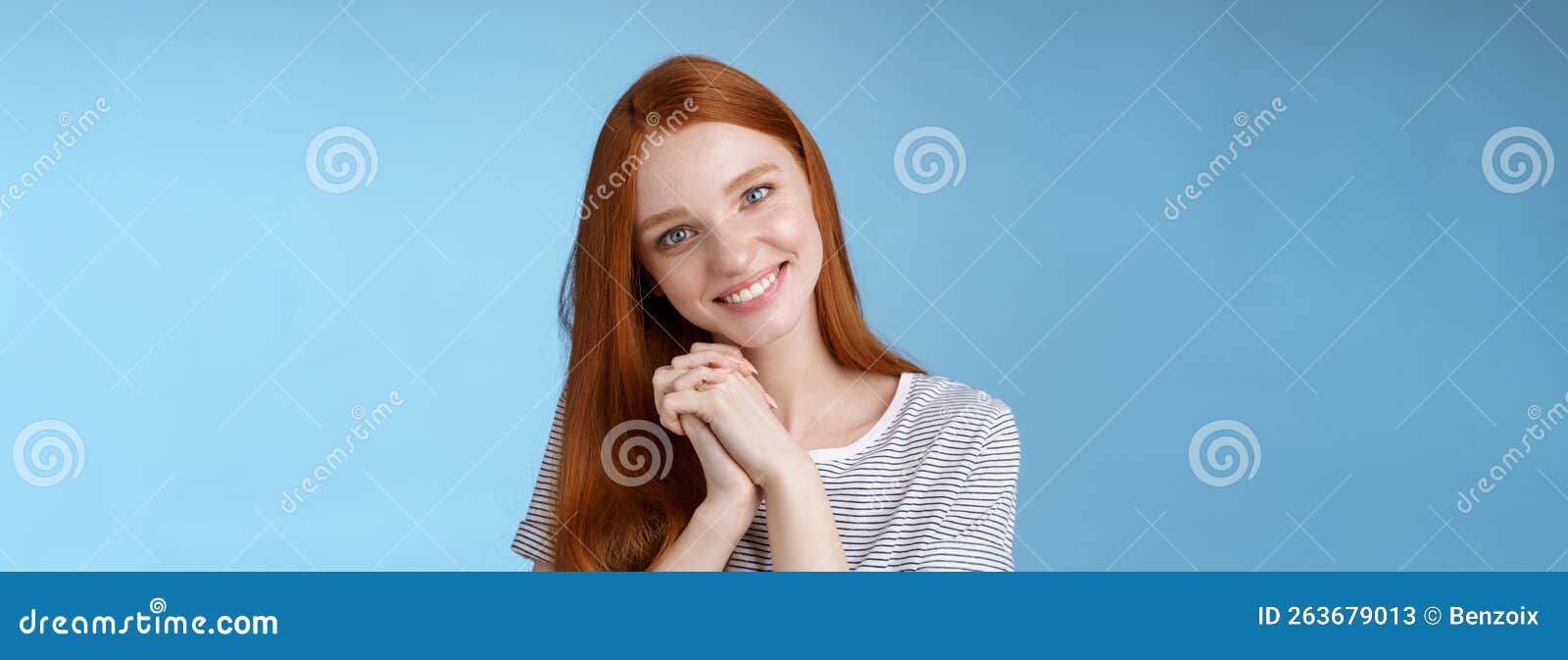 Romantic Tender Lovely Redhead Girlfriend Tilting Head Press Palms