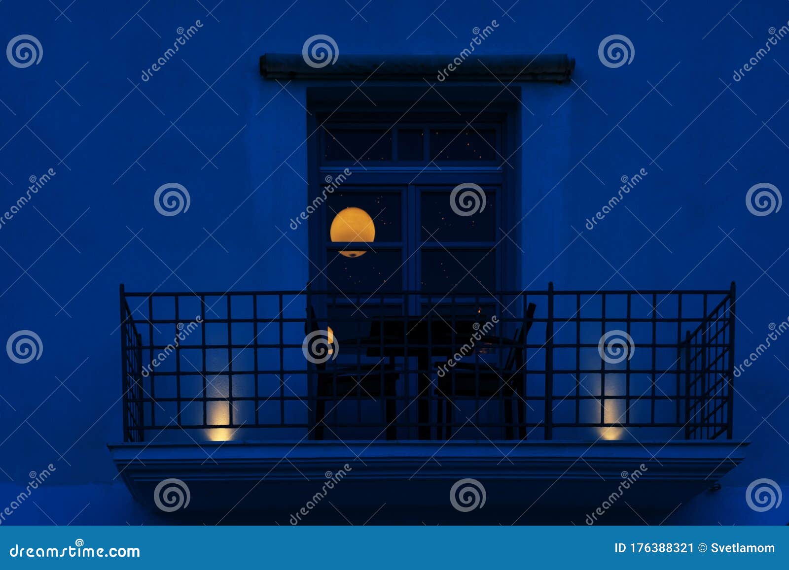 Romantic View To Balcony and Window, Interesting Lights at Night Stock ...